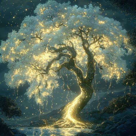 Illuminated Fantasy Tree With Golden Light In A Starry Night Stock Photo Image Of Magical