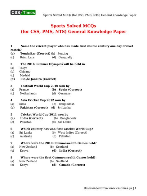 Sports Solved Mcqs For Css Pms Nts General Knowledge Paper Pdf Forms Of Cricket Sports