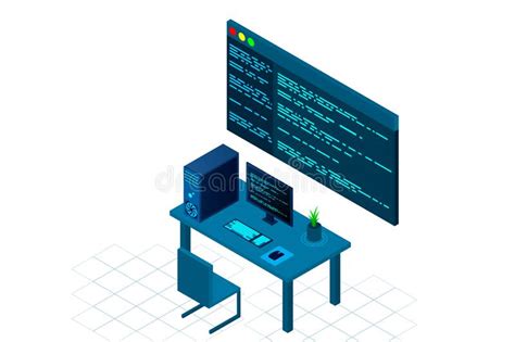 Source Code Isometric Abstract Programming Language And Program Code On A Screen Stock
