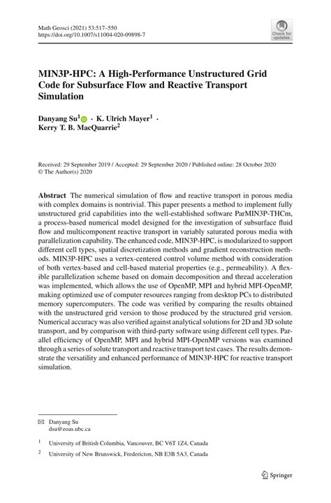 Pdf Min3p Hpc A High Performance Unstructured Grid Code For Subsurface Flow And Reactive