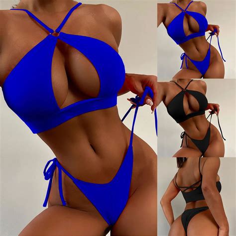 Y2k Big Breast Bikinis For Women Solid Color Low Waisted Swimsuit