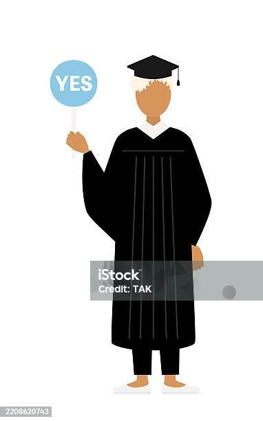졸업식 가운과 사각형 모자를 쓴 흑인 여성 졸업생이 예스 스틱을 들고 있는 간단한 그림 공부에 대한 스톡 벡터 아트 및 기타 이미지 공부 교습 교육 Istock