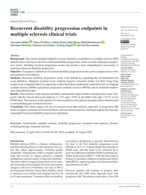 Pdf Recurrent Disability Progression Endpoints In Multiple Sclerosis Clinical Trials