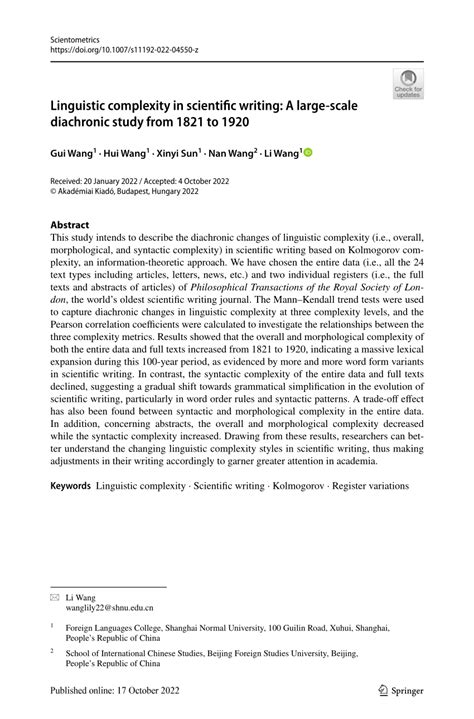 PDF Linguistic Complexity In Scientific Writing A Large Scale Diachronic Study From To