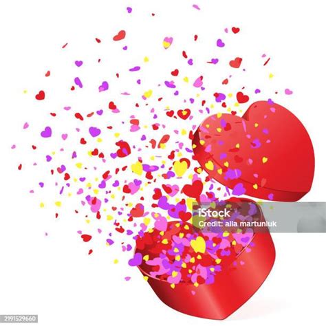 빨간 심장 3d 모양 흰색 배경에 고립 된 떨어지는 화려한 색종이 하트와 함께 열린 선물 상자 벡터 10 선물 상자에 대한 스톡 벡터 아트 및 기타 이미지 Istock