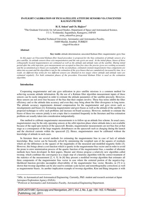 Pdf In Flight Calibration Of Pico Satellite Attitude Sensors Via Unscented Kalman Filter