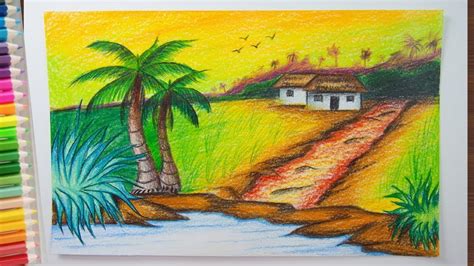 ภาพวาดทุ่งนาง่ายๆ สีไม้ How To Draw Simple Scenery Drawing For Beginners Youtube