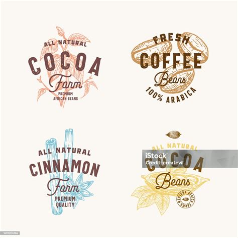 계피 아니스 향신료 코코아 및 커피 추상 벡터 기호 기호 또는 엠블럼 템플릿 세트 손으로 그린 향신료와 콩 실호엣과 프리미엄 빈티지 타이포그래피 빈티지 벡터 엠블럼 라벨에
