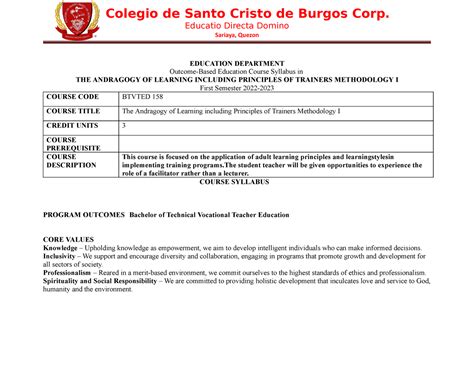 Course Syllabus The Andragogy Of Learning Including Principles Educatio Directa Domino Sariaya