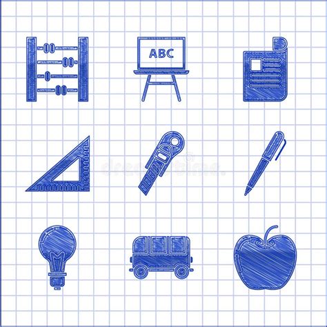 Set Stationery Knife School Bus Apple Pen Light Bulb With Concept Of Idea Triangular Ruler