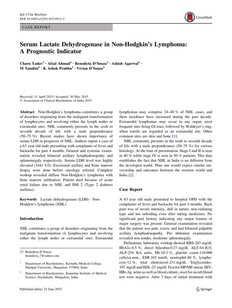 Pdf Serum Lactate Dehydrogenase In Non Hodgkins Lymphoma A Prognostic Indicator