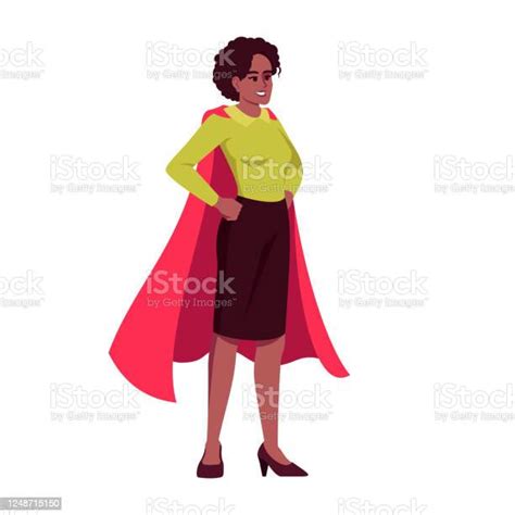 효율적인 최고 관리자 세미 플랫 Rgb 컬러 벡터 일러스트레이션 흰색 배경에 슈퍼 우먼 레드 케이프 고립 만화 캐릭터의 사무실