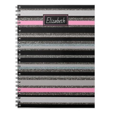 Chic Girly Pink Black Gray Glitter Stripes Name Notebook Girly