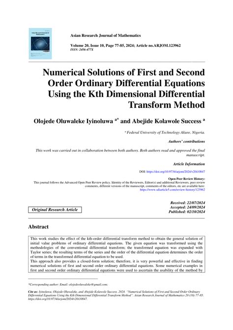 Pdf Numerical Solutions Of First And Second Order Ordinary Differential Equations Using The