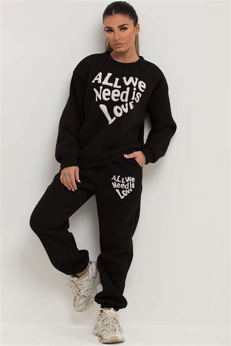 Womens Loungewear Set With All We Need Is Love Towelling Black