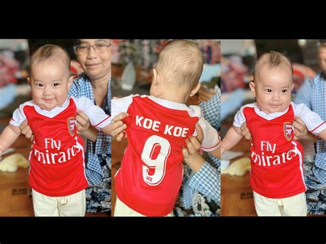 သူ့နာမည်ထိုးထားတဲ့ ဘောလုံးအင်္ကျီလေးကိုဝတ်ရလို့ပီတိတွေဖြာပြီး အရမ်းသဘောကျနေတဲ့ အောင်သူရဲ့သားလေး