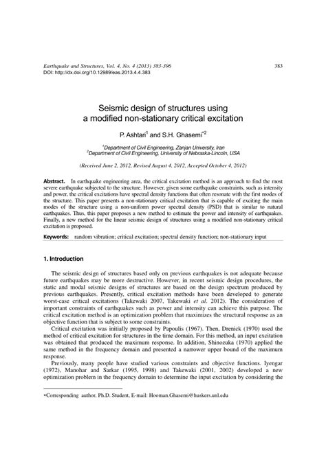 Pdf Seismic Design Of Structures Using A Modified Non Stationary Critical Excitation