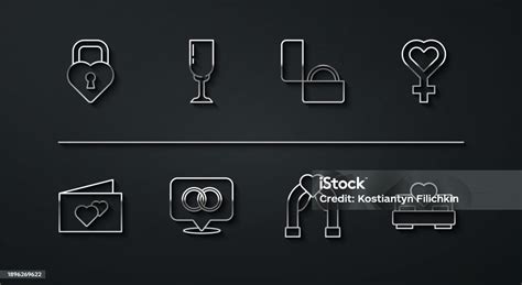 하트 인사말 카드 여성 성 기호 웨딩 아치 반지 유리 샴페인 침실 및 다이아몬드 약혼 아이콘의 모양으로 성을 설정합니다 벡터 3월에 대한 스톡 벡터 아트 및 기타 이미지