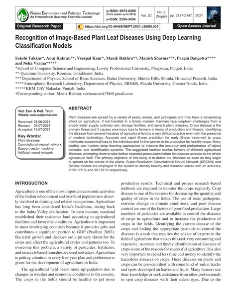 Pdf Recognition Of Image Based Plant Leaf Diseases Using Deep Learning Classification Models