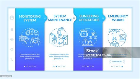 해양 엔지니어링 온보딩 벡터 템플릿 선박 시스템 유지 보수 및 작동 해양에서 연료를 리필하십시오 아이콘이 있는 반응형 모바일 웹사이트 웹 페이지 연습 단계 화면 Rgb 색상