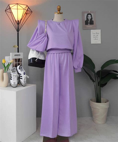 [세트 퍼프숄더 허리잘록맨투맨 핀턱와이드팬츠] 엣지숄더와이드팬츠set 에이블리