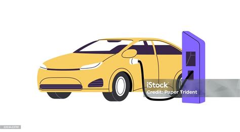 전기 자동차는 충전소에서 전기로 축전지에 연료를 보급합니다 전기 자동차는 충전기로 충전합니다 현대의 교통 수단은 지속 가능한 에너지를 기반으로 합니다 흰색에 평면 절연 벡터
