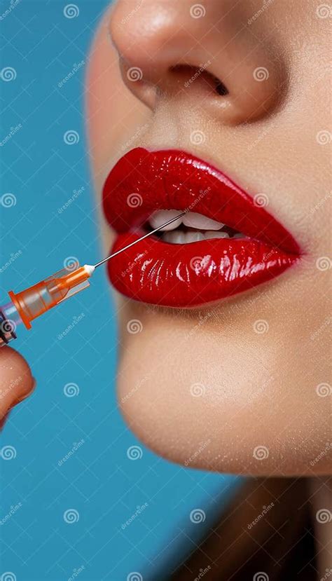 Top View Of Botox Injection Into Natural Lips On Blue Background With Space For Text Stock