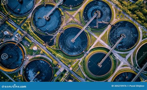Aerial View Of Wastewater Treatment Plant Filtration Of Dirty Or