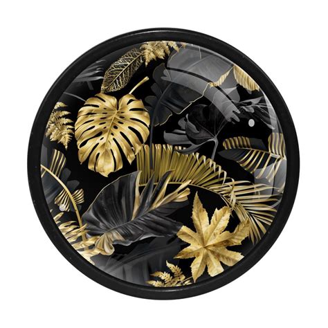 4 Pcs Gold Black Tropical Leaves Knobs For Kitchen Cabinet Cupboard