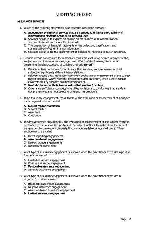 Auditing Theory Practice Set For Babes AUDITING THEORY ASSURANCE SERVICES Which Of The