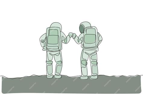 Premium Vector One Continuous Line Drawing Of Two Astronauts Giving Fist Bump Gesture In Moon