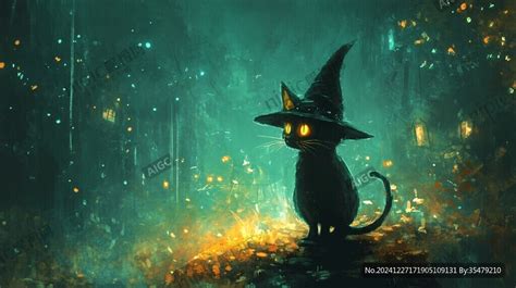 Ai创作图魔法猫咪形象 猫穿巫师袍 魔法女巫南瓜灯插画 万圣节黑猫 童话中的猫 童话世界的猫 魔法师插画 穿着巫师袍的猫 夜晚猫咪插画 小黑猫