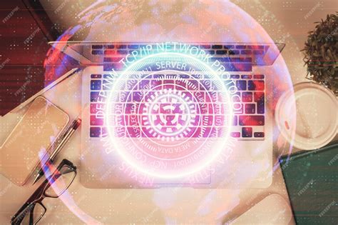 Premium Photo Technology Hologram Drawing Over Computer On The Desktop Background Top View