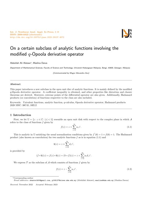 Pdf On A Certain Subclass Of Analytic Functions Involving The