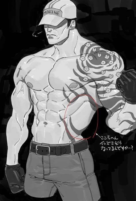 Rule 34 Admiral Akainu Annoyed Annoyed Expression Bara Tits Belt Belt Buckle Chest Tattoo