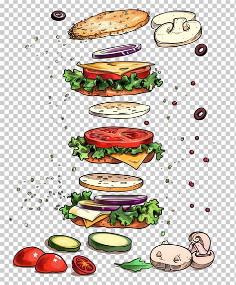 Floating Burger Exploded Burger Ingredients Png Clipart Cooking