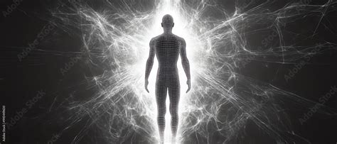 Black And White Image Of A Human Surrounded By A Gridpattern Electromagnetic Field Representing