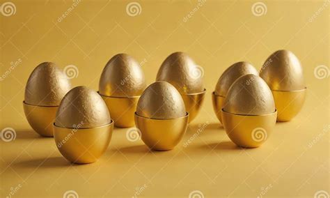 Nine Golden Egg Shaped Containers With Domed Tops Are Arranged In Grid Like Pattern On Yellow