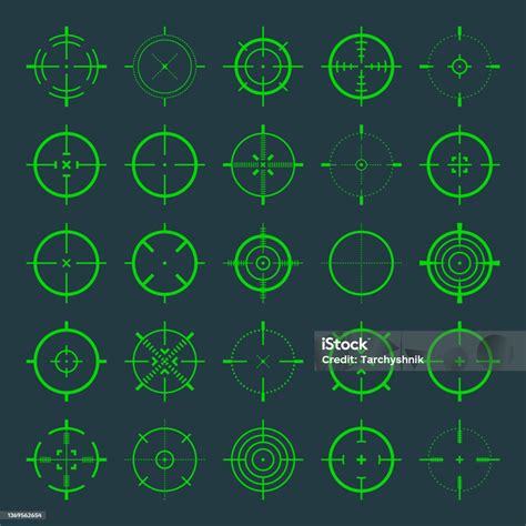 십자선 총 광경 벡터 아이콘 불스아이 녹색 대상 또는 조준 기호 군사 소총 범위 사격 마크 기호 타겟팅 촬영을 목표로 양궁 사냥