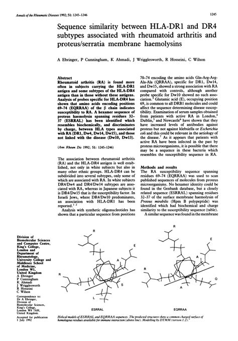 Sequence Similarity Between Hla Dr1 And Dr4 Subtypes Associated With