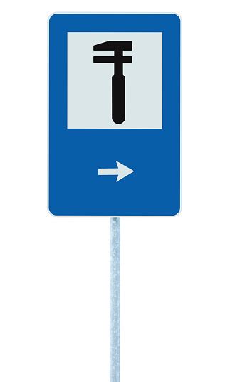 자동차 수리점 도로 표지판 격리 된 차량 정비사 수정 서비스 차고 교통 길가 지원 간판 개념 회색 기둥 포스트 사각형 파란색