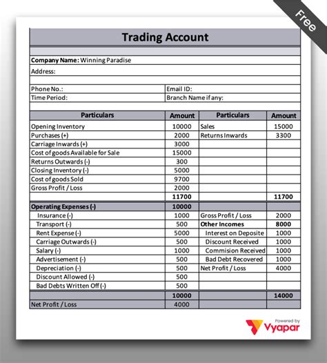 Trading Account Format In Excel Word And Pdf