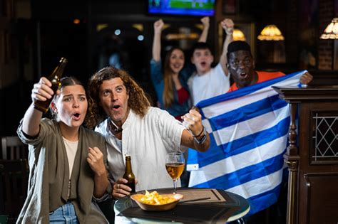 술집에서 맥주와 칩 한 잔과 함께 그리스의 국기를 가진 행복한 다인종 스포츠 팬 18 19세에 대한 스톡 사진 및 기타 이미지 18 19세 20 24세 30 34세