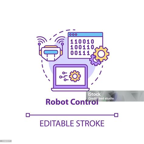 로봇 제어 개념 아이콘입니다 로봇 시스템 아이디어 얇은 라인 그림 소프트웨어 및 바이너리 코드 정보 기술 및 프로그래밍 벡터 절연 윤곽선 도면 편집 가능한 스트로크 0명에