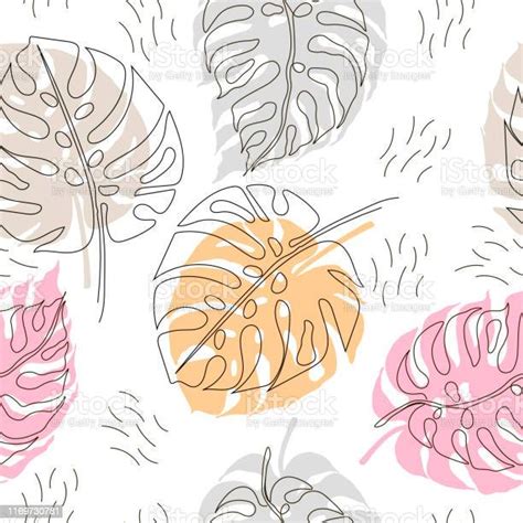 이국적인 몬스터 연속 한 줄 그리기 여름 열대 잎 손 흰색 배경 미니멀 한 디자인에 그려진 식물 잎의 벡터 원활한 패턴 0명에