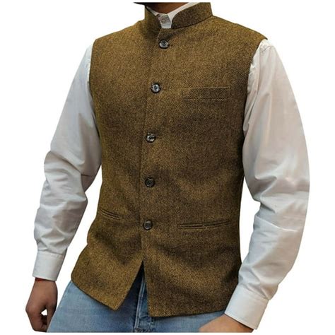 Biudgviw Mens Tweed Suit Vest Stand Collar Western Waistcoat Vintage