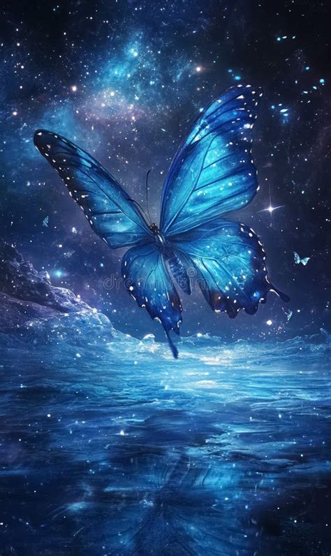 Magical Fantasy Colorful Butterfly On Night Sky With Stars And Blue