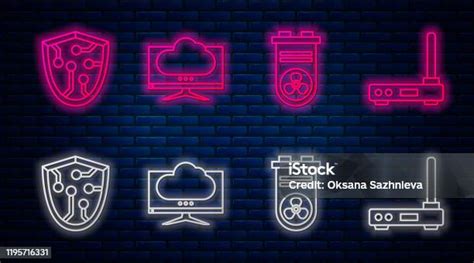 설정 라인 컴퓨터 모니터 화면 비디오 그래픽 카드 사이버 보안 및 라우터 및 Wifi 신호 벽돌 벽에 빛나는 네온 아이콘입니다 벡터 0명에 대한 스톡 벡터 아트 및 기타
