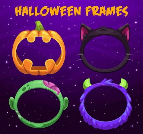 만화 할로윈 아바타 프레임 벡터 게임 Ui 원 테두리는 공포의 밤 호박 검은 고양이 좀비와 설인 괴물 캐릭터 머리에 귀 뿔과