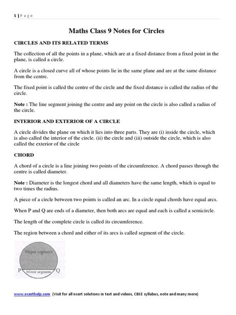 Class 9 Maths Circle Notes Pdf Circle Elementary Geometry